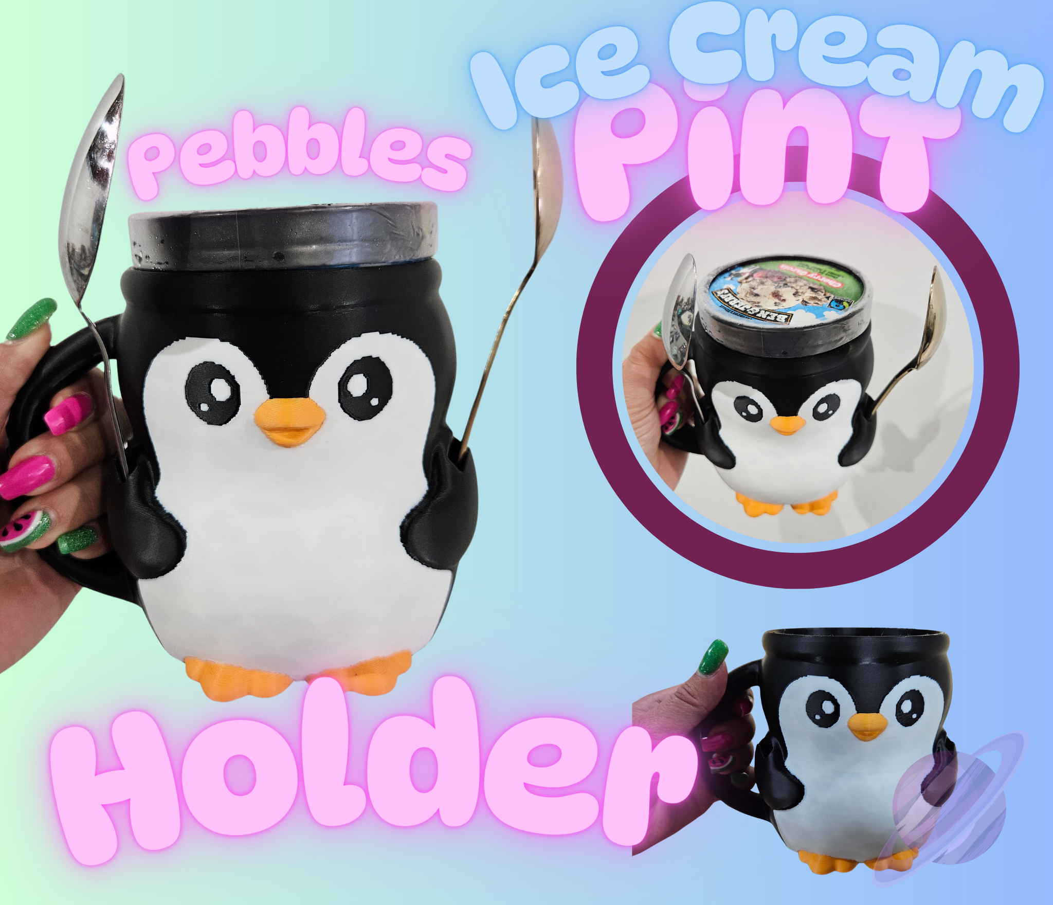 PEBBLE THE PENGUIN- 3D PRINTED ICE CREAM PINT HOLDER – GCLLC DROP SHIPPING
